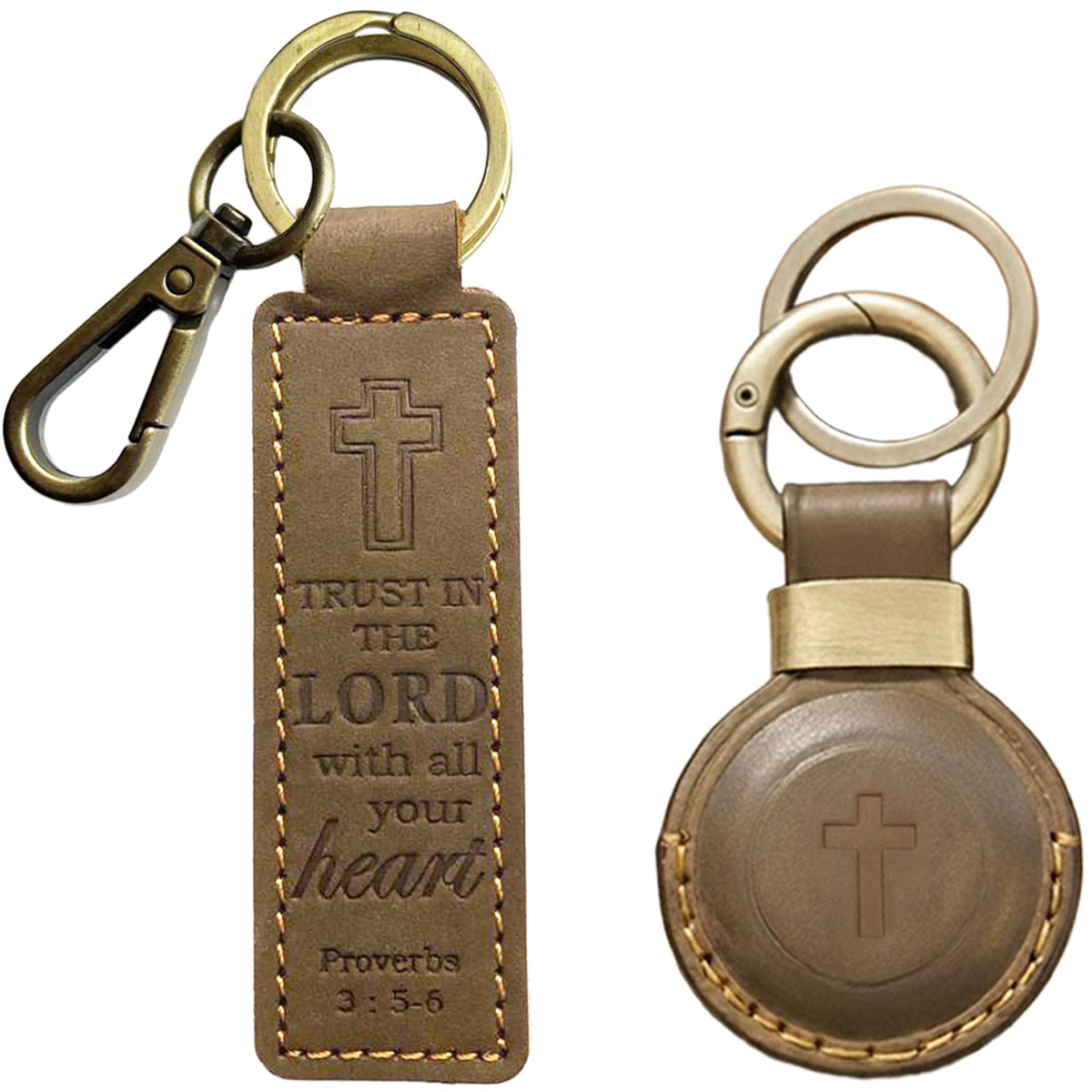 Christian Leather Keyring - Proverbs 3:5-6 - AirTag Holder - Brown ...