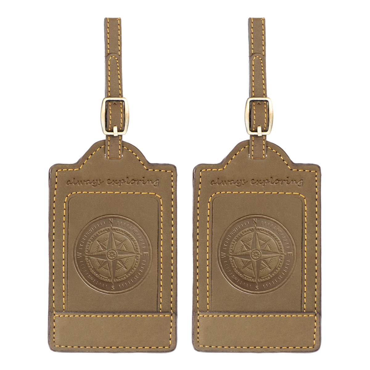 Sovereign-Gear Leather Luggage Tag Set - 2 Compass Embossed Tags - Brown