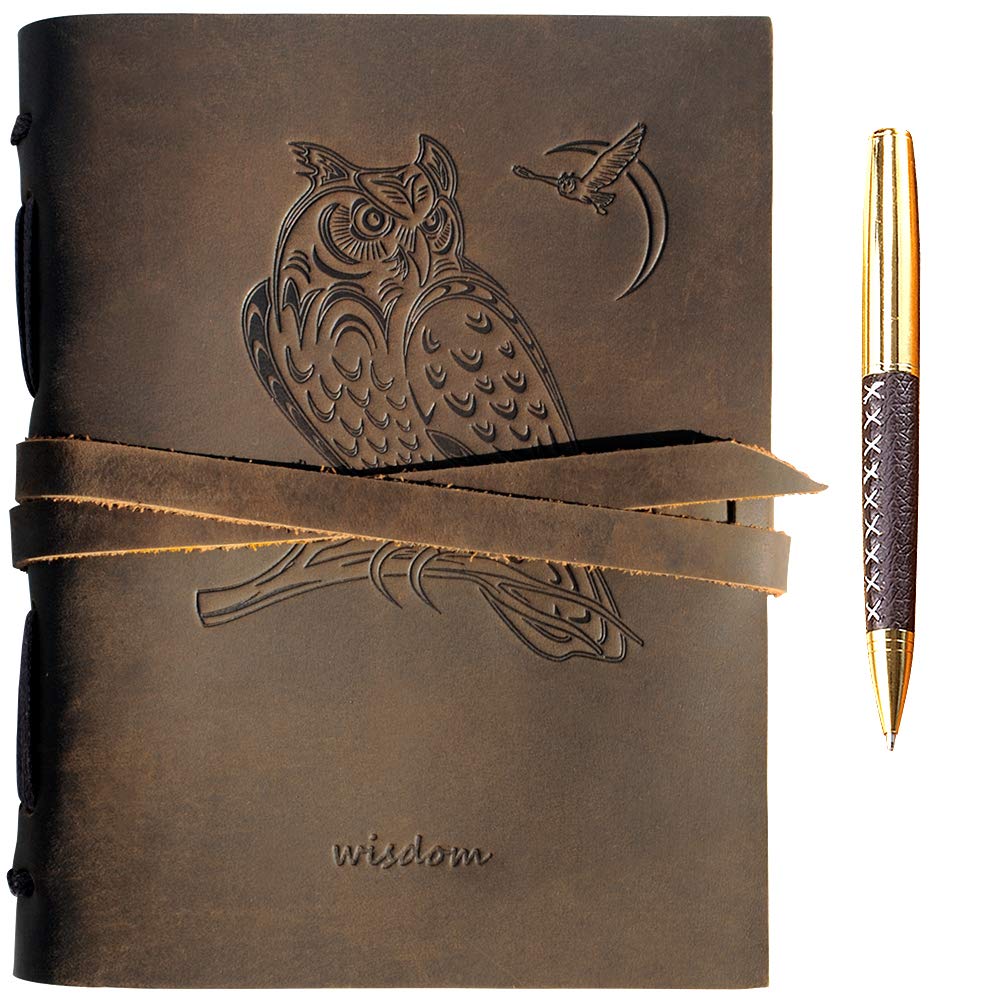 Sovereign-Gear Leather Journal - Owl Embossed Notebook with Pen - A5 6x8